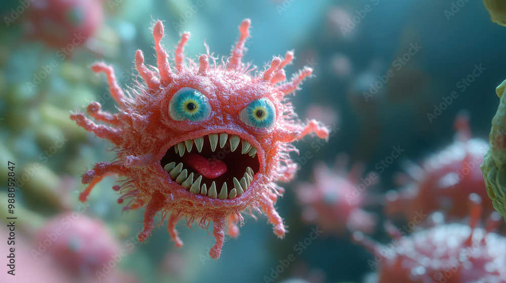 Cute cartoon monster virus with big teeth attacking human cell on ...