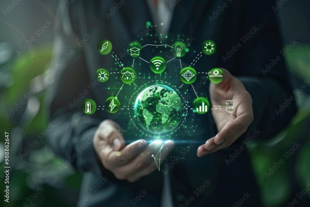 Businessman analyze investment sustainability ESG icons. ESG ...