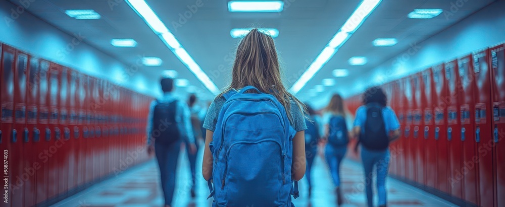 bustling high school hallway from behind students walking between ...