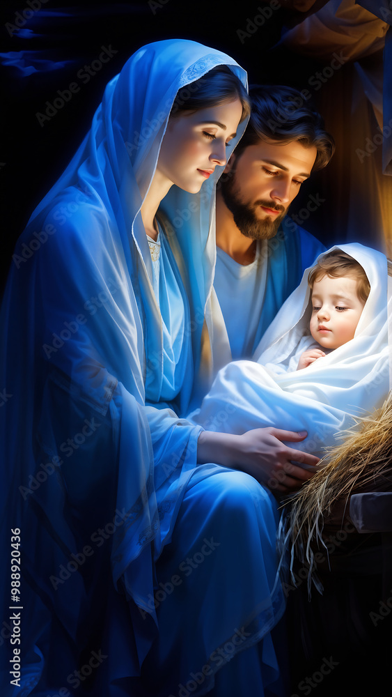 A birth of Jesus Christ, Christmas nativity scene. Mary, Josef and ...