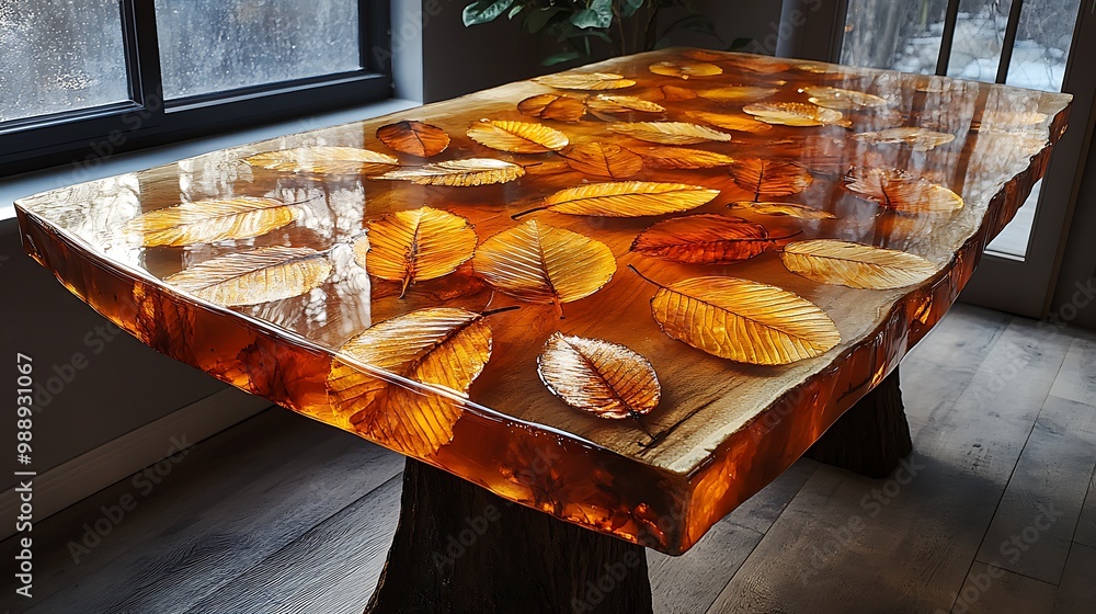 Amber fossil-themed wooden table, with clear epoxy resin capturing ...