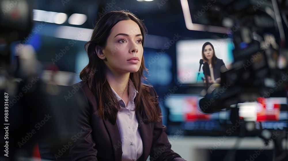 Poised news anchor delivering breaking news in a focused news studio, embodying professionalism ...