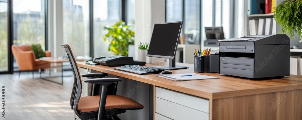 Modern Office Workspace with Equipment and Natural Light Stock Photo ...