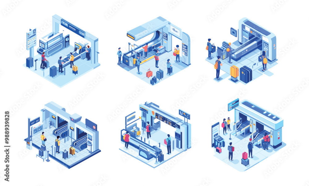 Airport terminal passenger custom checkpoint security control isometric ...