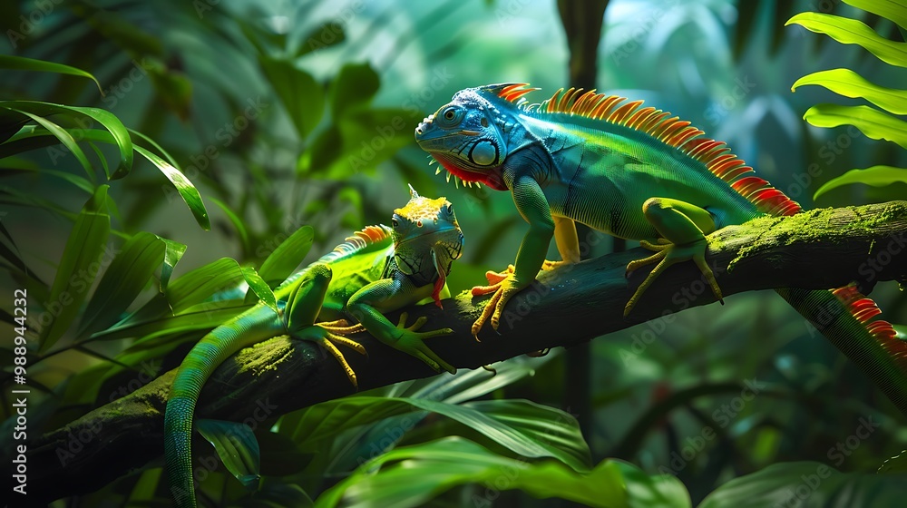 Colorful iguanas rest on a branch in a lush rainforest, showcasing ...