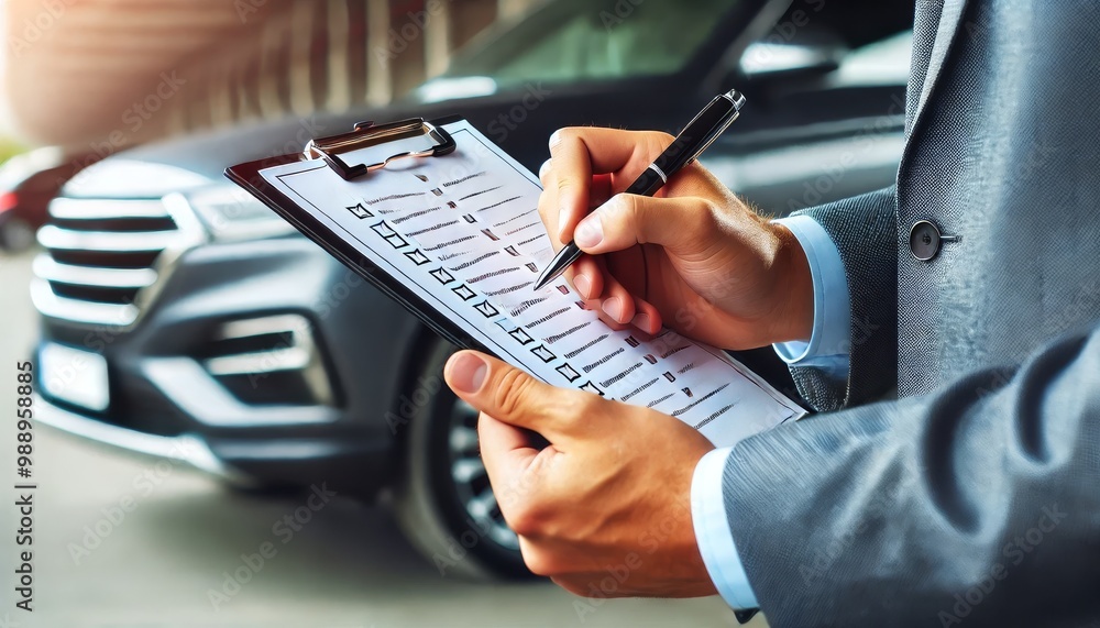 A car inspector completing a detailed checklist during a vehicle ...