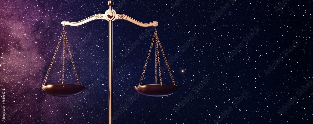 Equilibrium of the Stars, The Libra symbol portrayed with golden scales ...