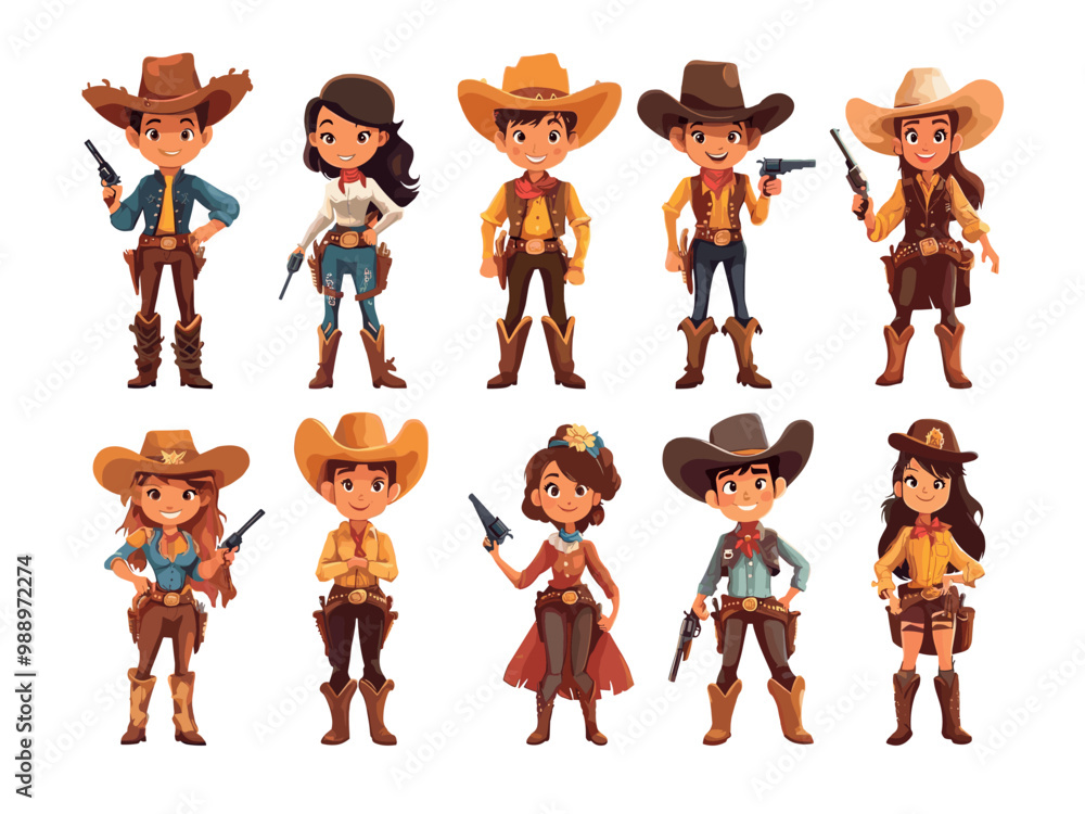 Cowboys cartoon vector set. Pistol hut lasso gun man woman funny ...