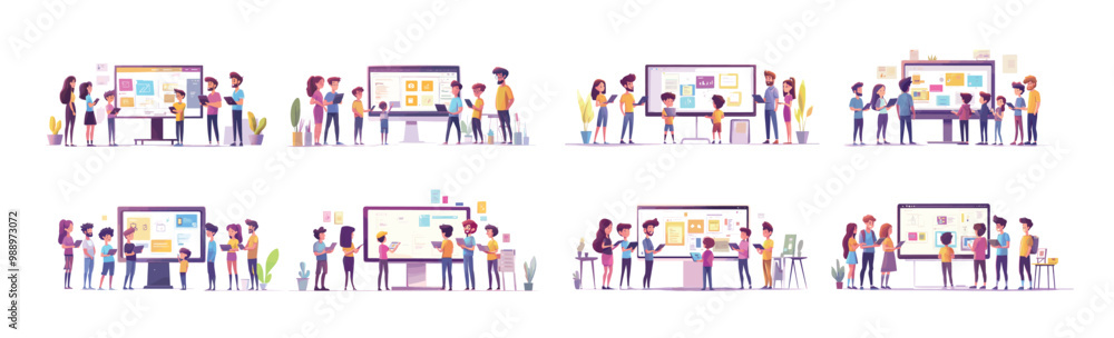 Creativity design team cartoon vector isolated scenes. Big monitor ...