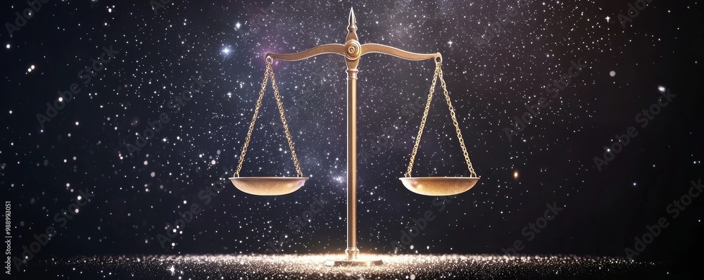 Equilibrium of the Stars, The Libra symbol portrayed with golden scales ...