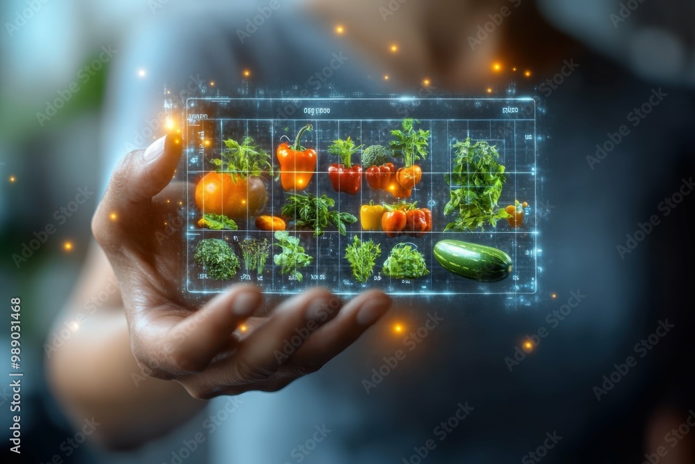 ภาพประกอบ Stock Hand holding hologram of nutrient chart for organic ...