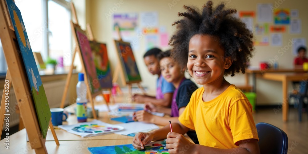 Happy African School Boy in Classroom Creating Art with Classmates ...