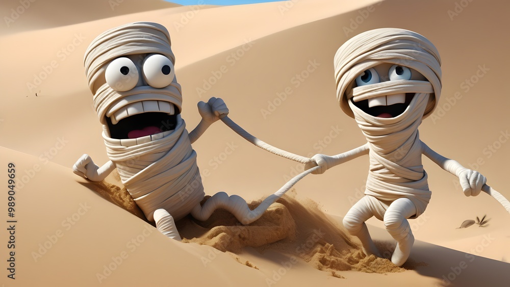 In this playful version of the tomb, Mummy is sliding down a giant sand ...