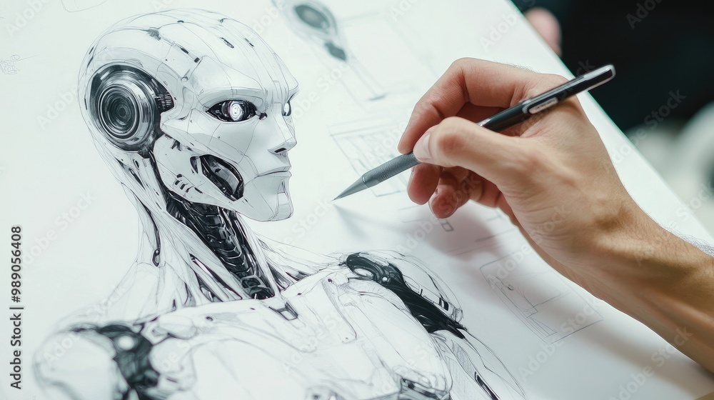 Artistic humanoid robot sketching on paper with smooth, precise ...