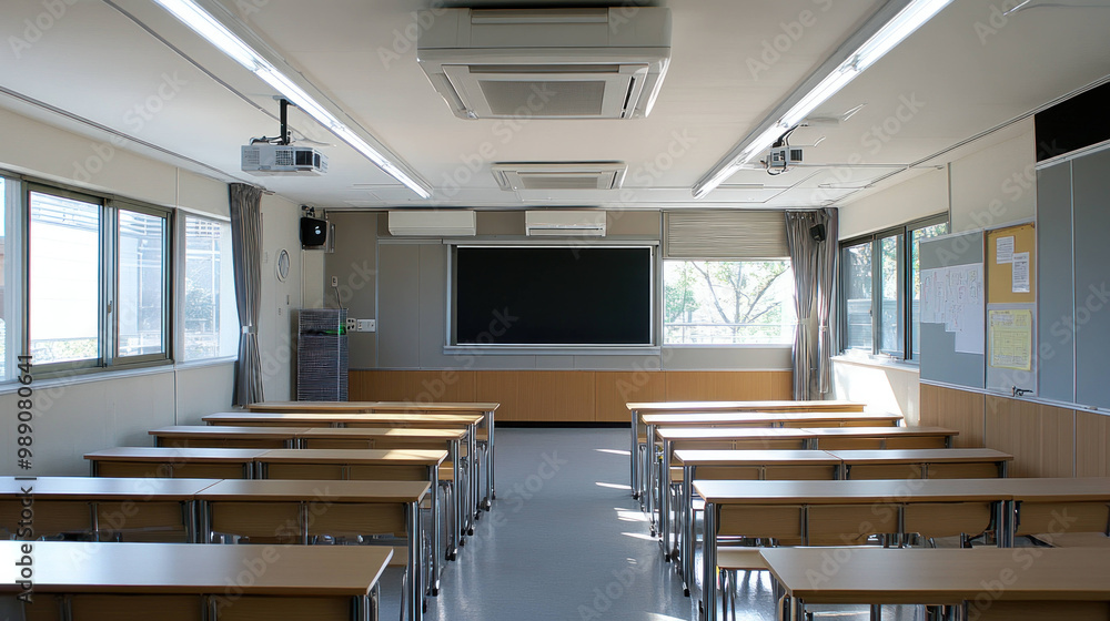 spacious classroom featuring rows of wooden desks and chairs, large ...