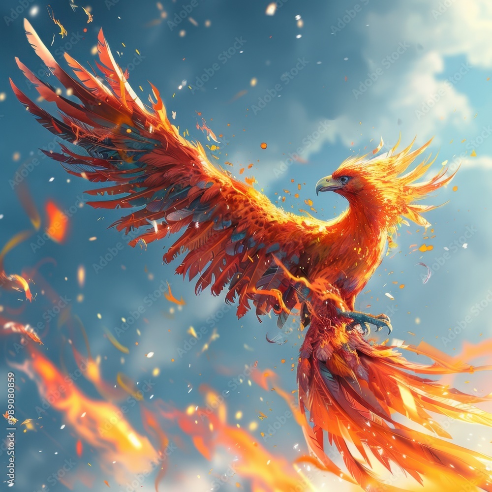 "A vibrant Phoenix in mid-flight, its fiery red and gold feathers ...