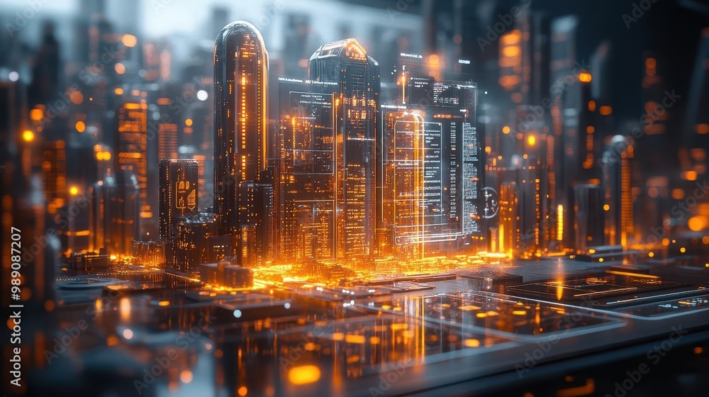 futuristic hotel management dashboard on transparent touchscreen 3d holographic city model ...