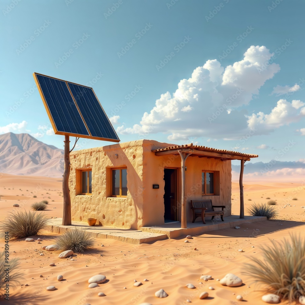 Desert Solar Hut. Small adobe structure with large solar panel in arid ...