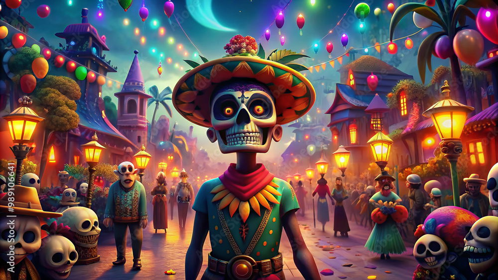 Day of the Dead celebration with dancing skeletons and papel picado ...