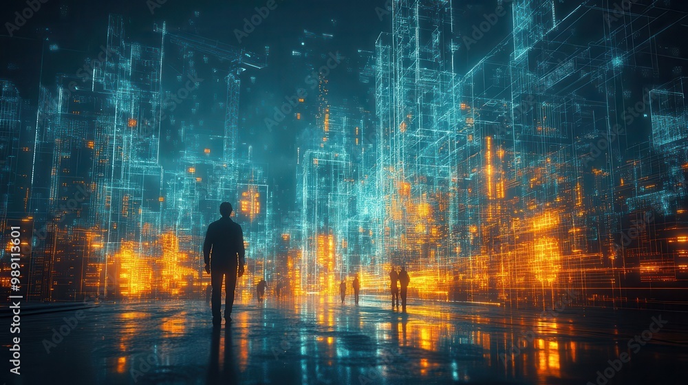 holographic architectural blueprint materializing in midair surrounded ...