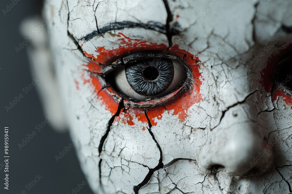 Close-up of a broken porcelain doll face with one eye missing and ...