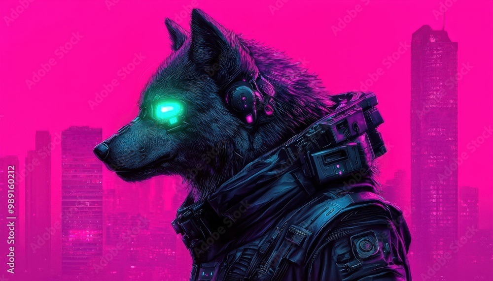 Cyberpunk werewolf with glowing fur, mechanical limbs, and holographic ...