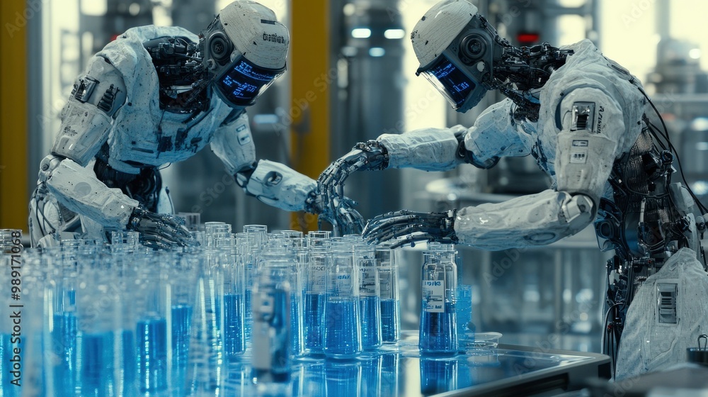 A biomedical implant being tested in a lab, robotic arms and digital ...