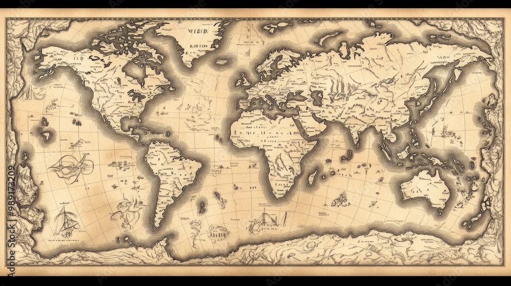 A close-up of a beautifully detailed world map, with old parchment ...