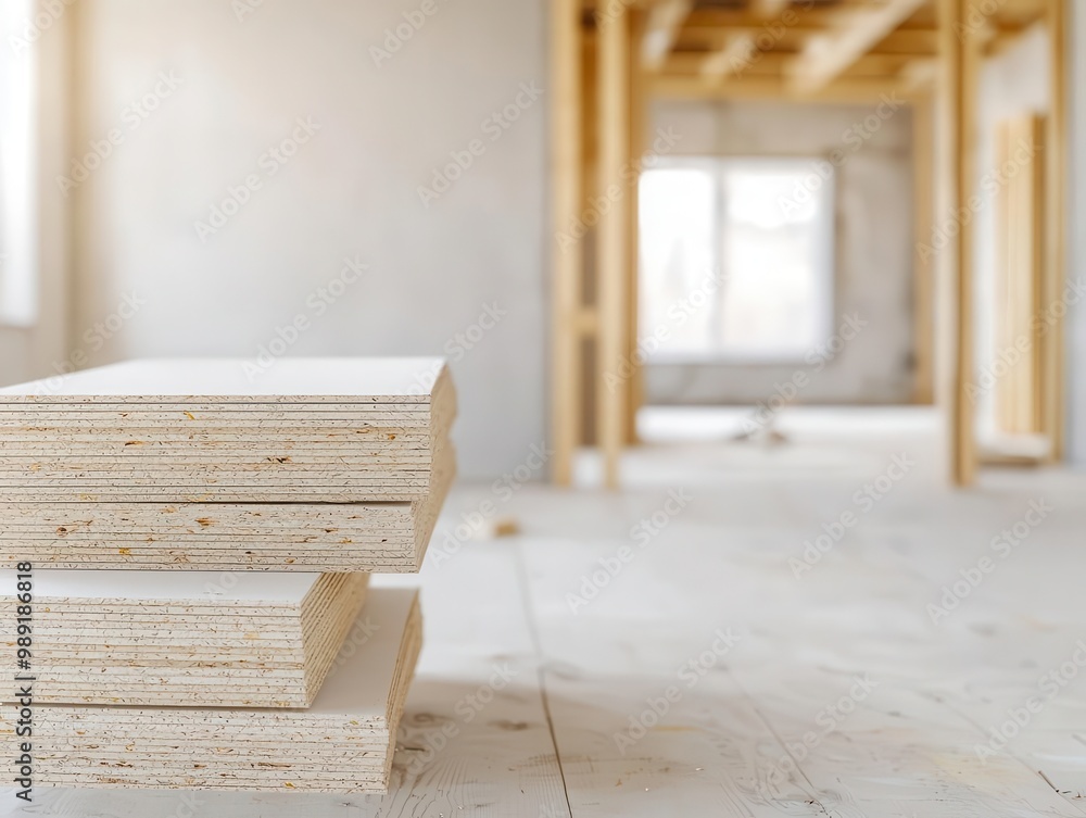 Home under construction with drywall being installed, stacks of panels ...