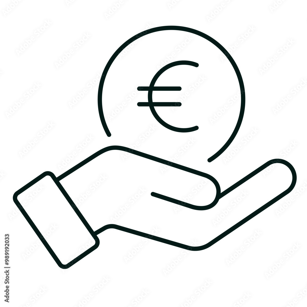 Hand holding a Euro coin line icon. Save money, salary, finance, cash ...