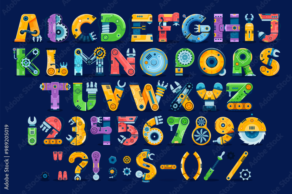 Robot machine font, gear wheel typeface, mechanical engineering type ...