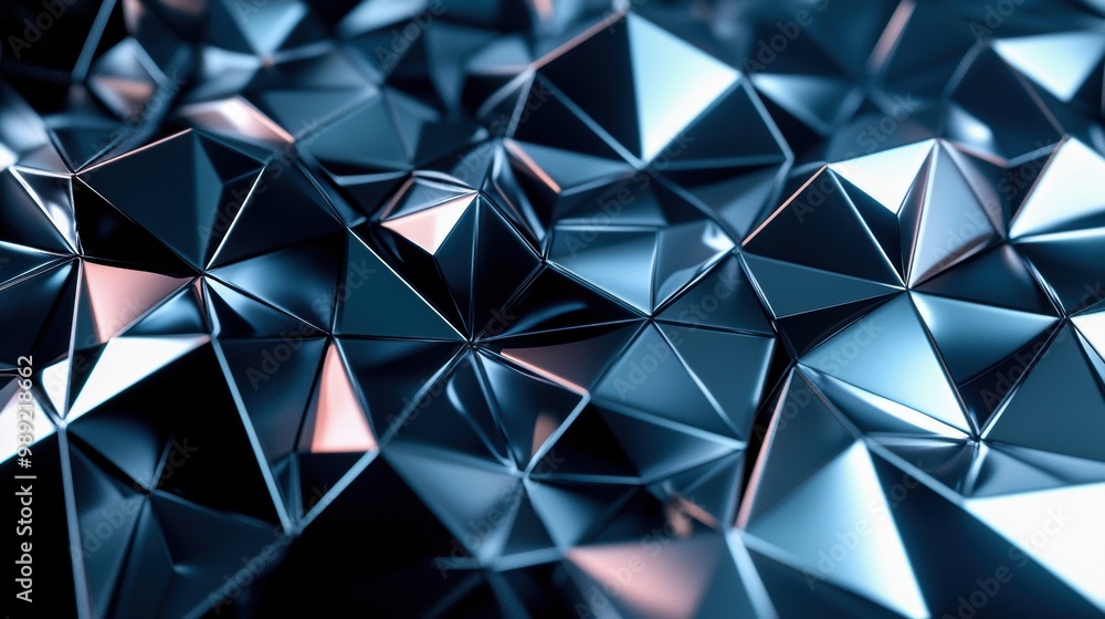 Rotating 3D polygons with metallic textures, symbolizing complex geometric structures and modern ...