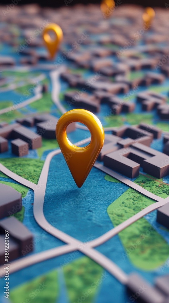 3D map interface with highlighted map markers, showing key points of ...