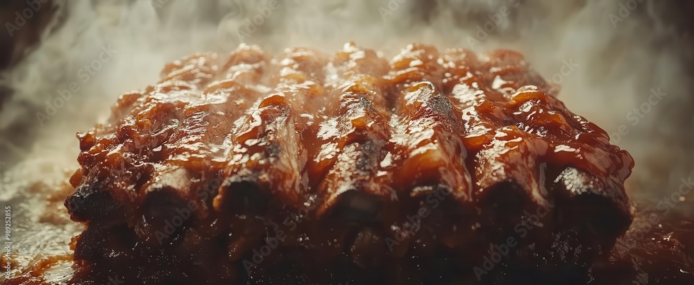 slowmotion capture of savory bbq sauce dripping onto pulled pork steam ...