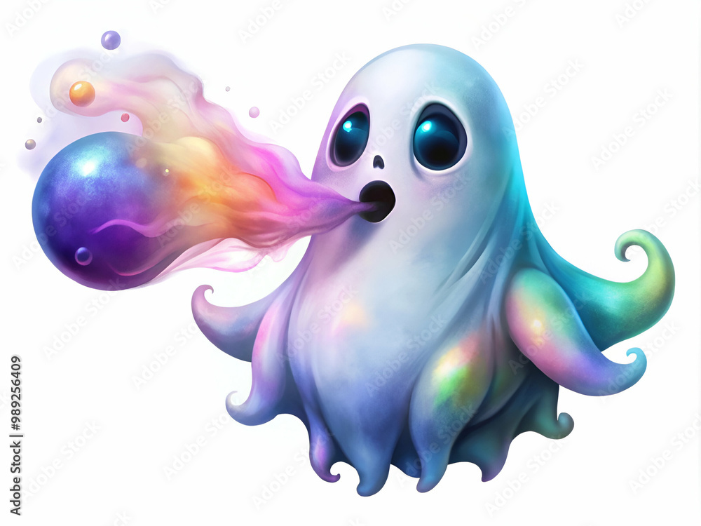 A cartoonish ghost with a purple ball in its mouth is blowing fire. The ...