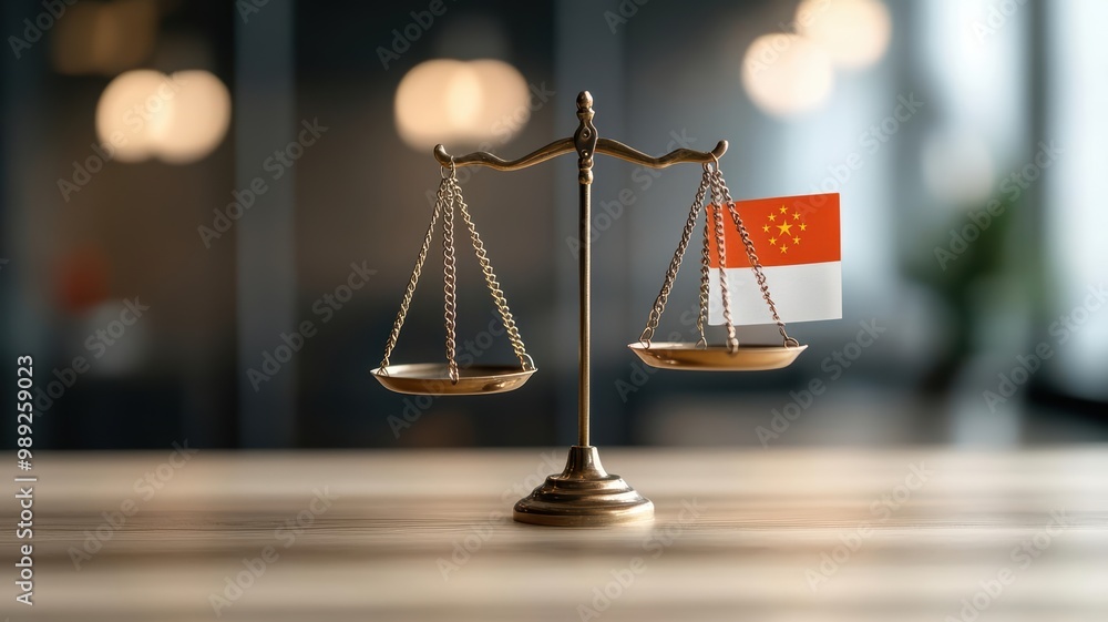 A balance scale weighing trade documents and national flags, showing ...