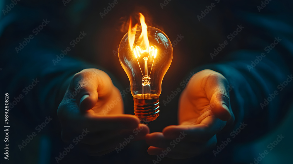 Hands holding light bulb with flame, symbolizing creativity and ...