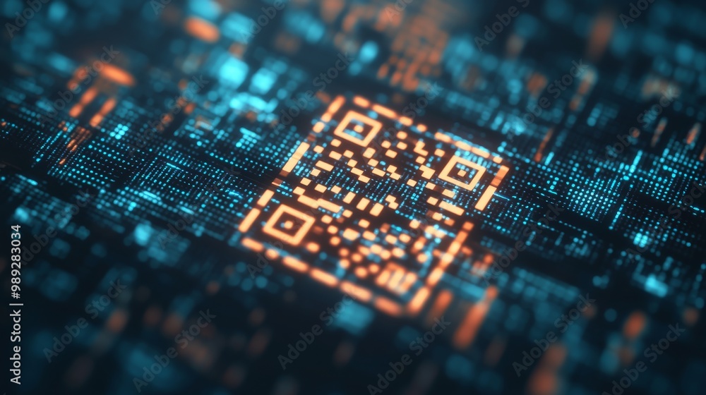 A glowing QR code amidst a digital backdrop, symbolizing technology and ...