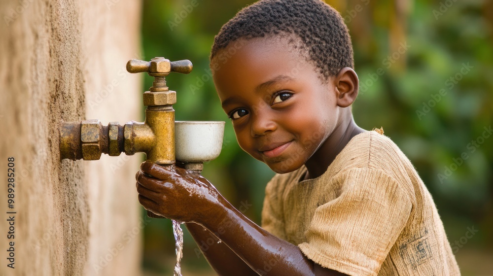 African boy cupping water from a faucet, illustrating the harsh impact ...