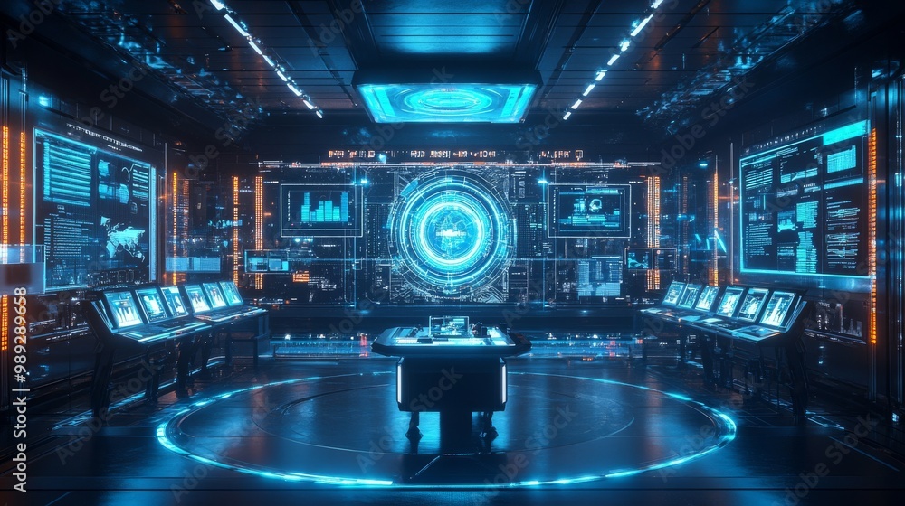 Business automation control room with a central AI hub managing ...