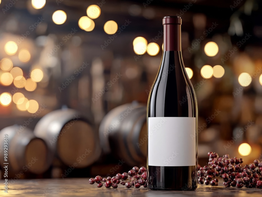 Wine bottle with blank label in a dimly lit cellar, surrounded by aging ...