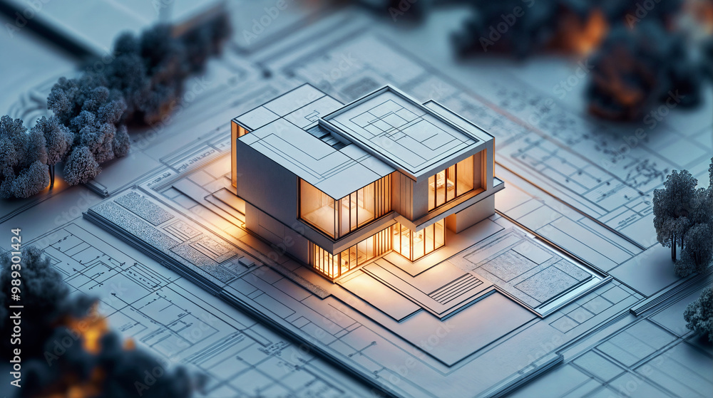 3d architectural Plan of a modern house, with an emphasis on its ...