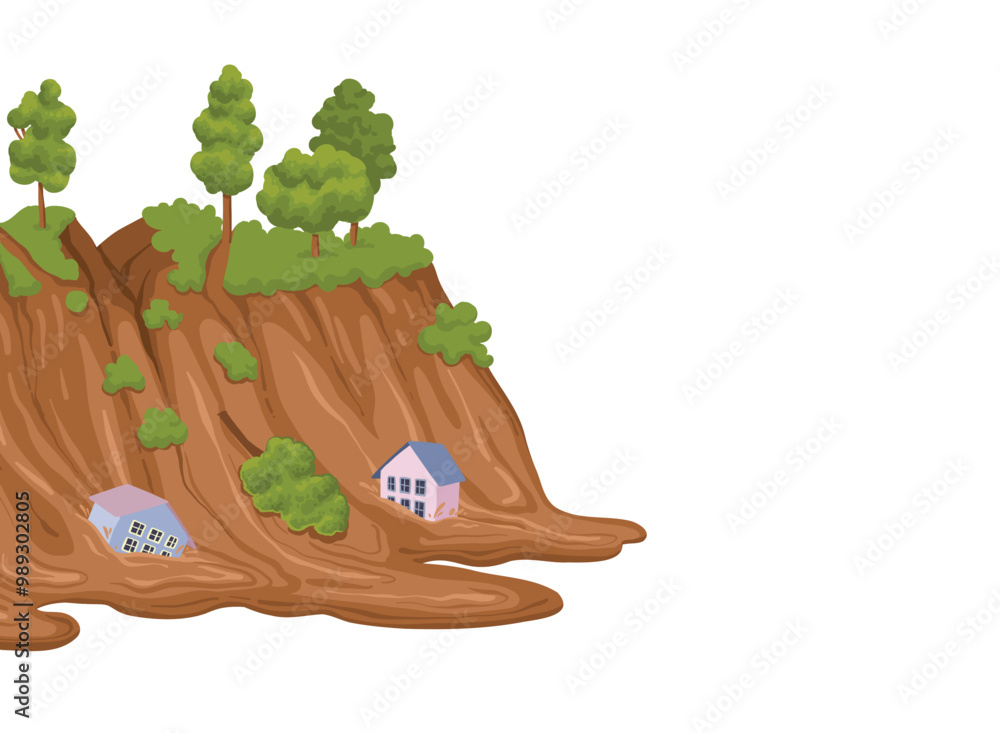 Cartoon mudflow, natural disaster. Landslide, mud stream with stones ...