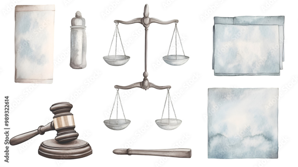 Watercolor Clipart Set of Justice Symbols, featuring soft gray and pale ...