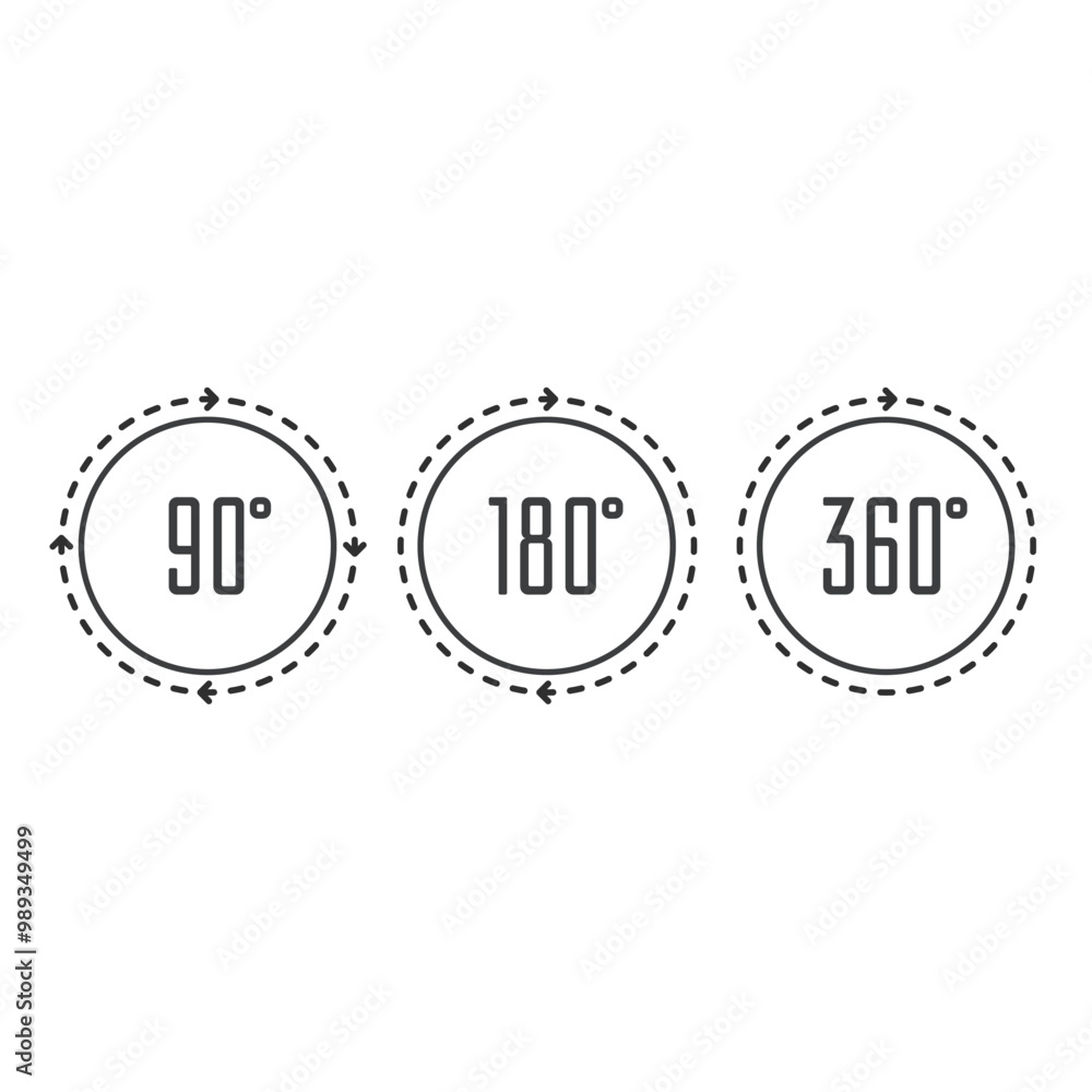 Set of angles 90, 180 and 360 degrees icons. Arrows rotation circle ...
