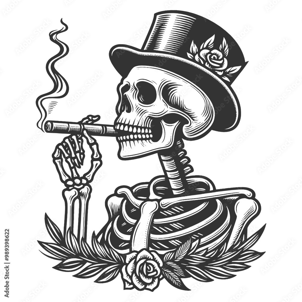 skeleton wearing a top hat and smoking a cigar, exuding dark elegance ...