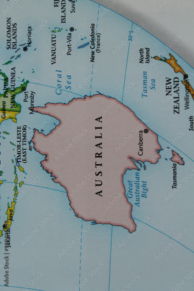 Close up of the Australia on a map with Australia continent in sharp ...