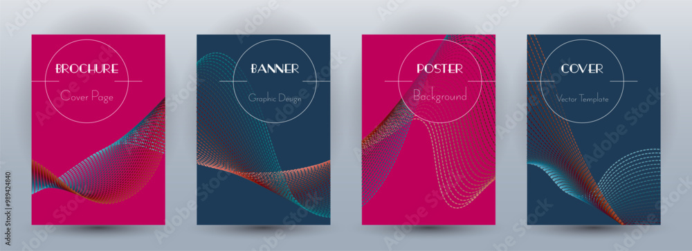 Wave flow dynamic banners geometric vector set. Covers with curve lines ...