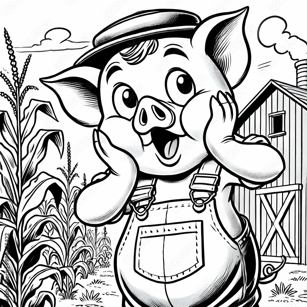 Cartoon Pig Farmer with Overalls on Farm Coloring Page, Black and White ...