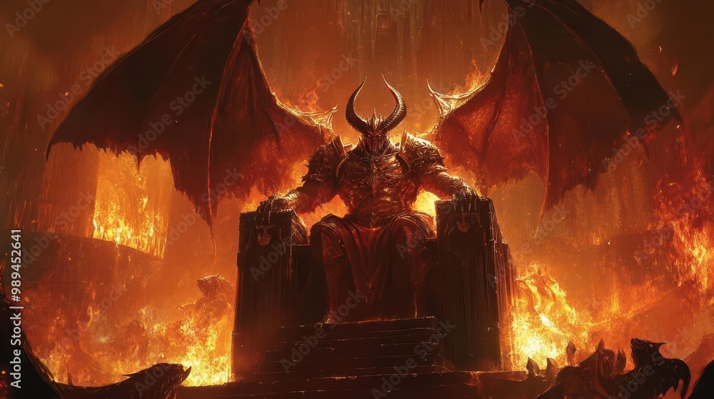 imposing demon lord seated on an obsidian throne surrounded by hellfire ...